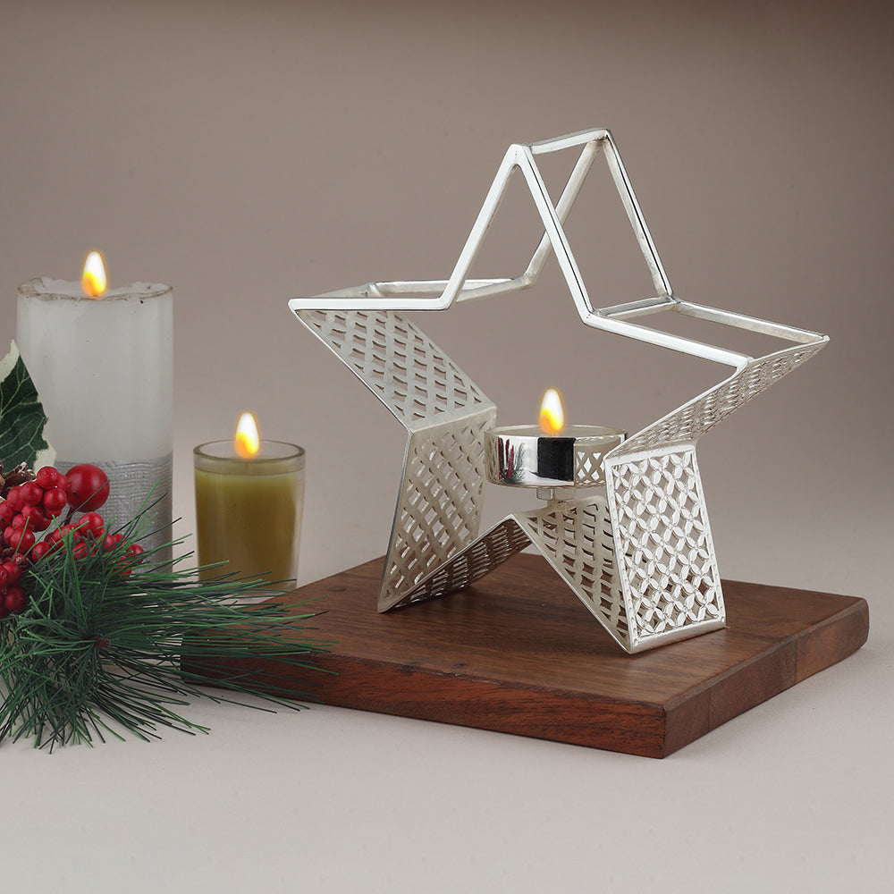 Silver-Plated Star Tea Light Holder with Jaali Design – Code Silver